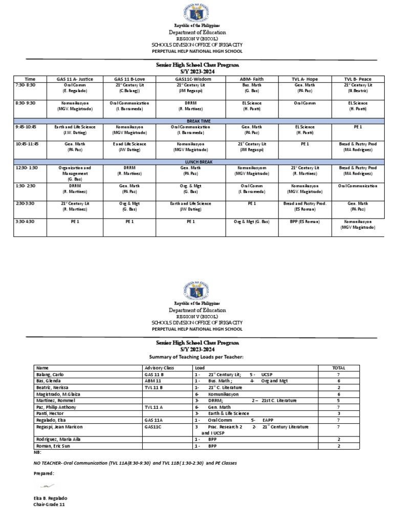 CLASS PROGRAM Grade 11 1st Sem SY 23 24 Revised | PDF