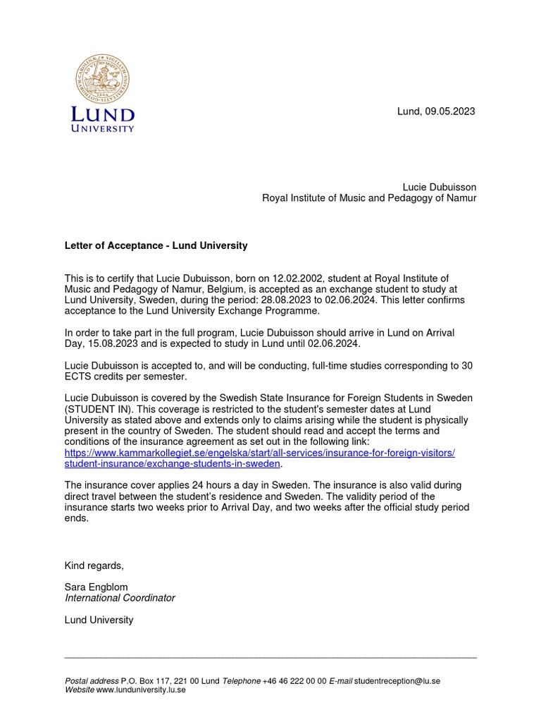 Lund University Acceptance Letter | PDF