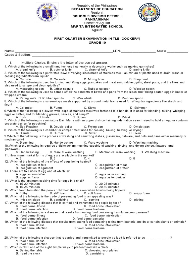 First Quarter Exam in Tle 10 | PDF | Egg As Food | Foodborne Illness
