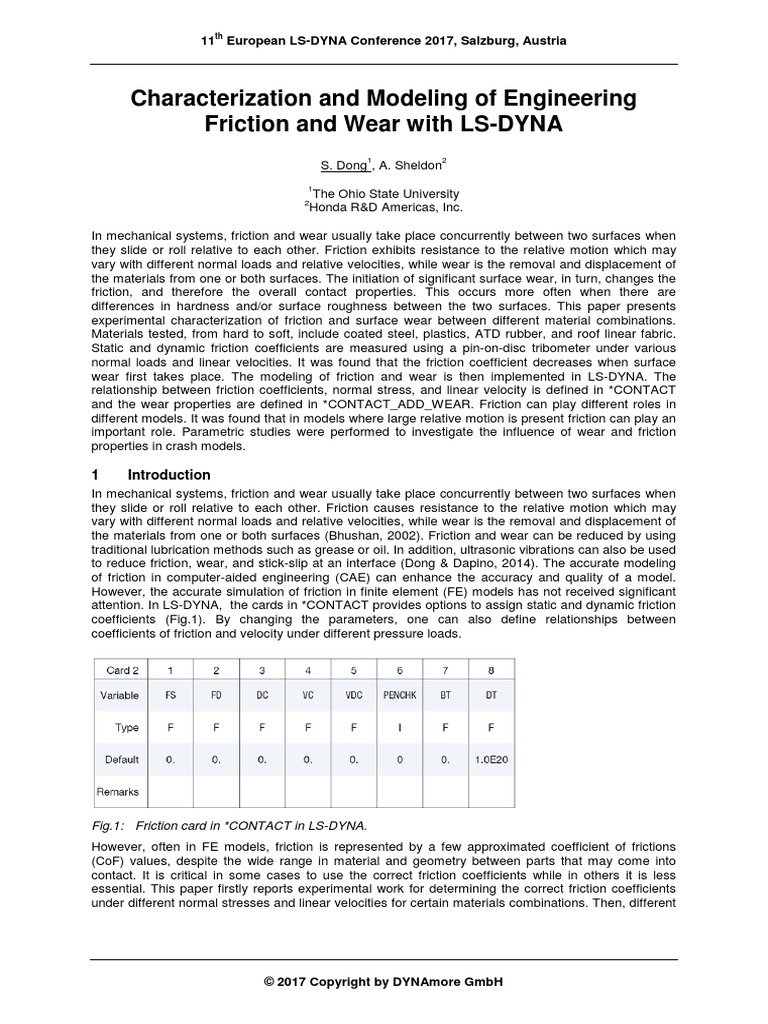 Characterization and Modeling of Engineering Friction and Wear With Ls Dyna | PDF | Friction | Wear