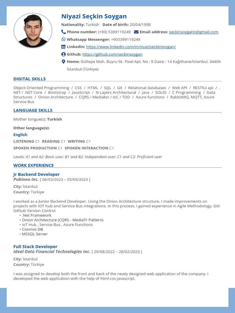 CV. .Niyazi - Seckin.soygan. .Guncel | PDF | Microsoft Sql Server | Bootstrap (Front End Framework)