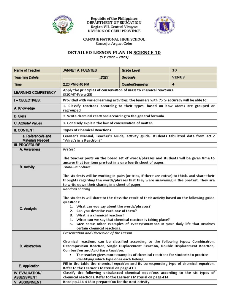 DLP For Classroom Observation Q4 | PDF | Chemical Reactions | Learning