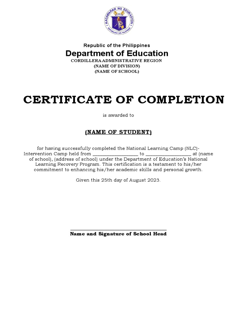 National Learning Camp Completion Certificate | PDF | Behavior Modification