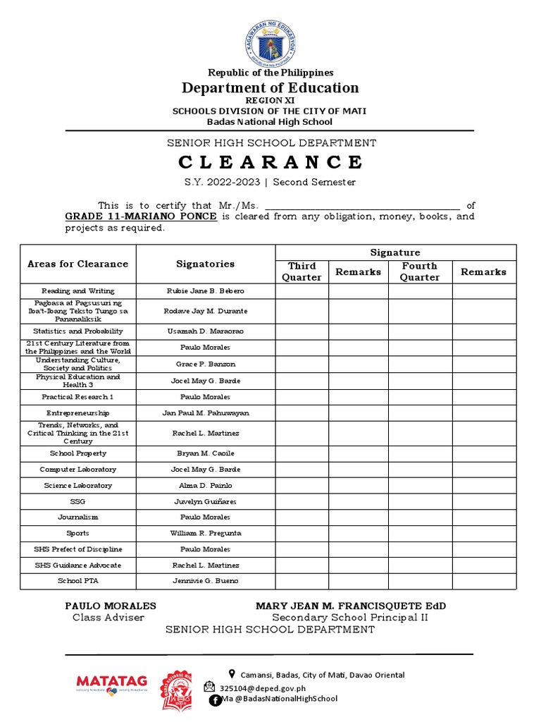 SHS School Clearance SY 2022 2023 2nd Sem | PDF