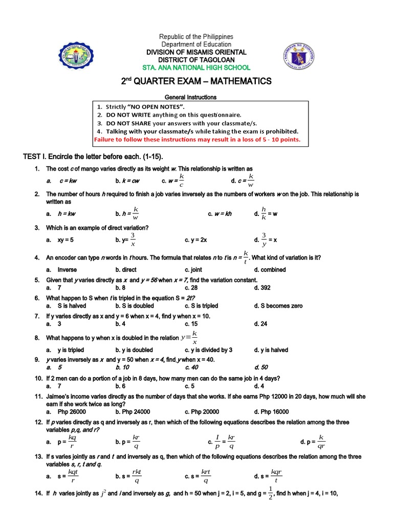2 Quarter Exam - Mathematics: TEST I. Encircle The Letter Before Each ...