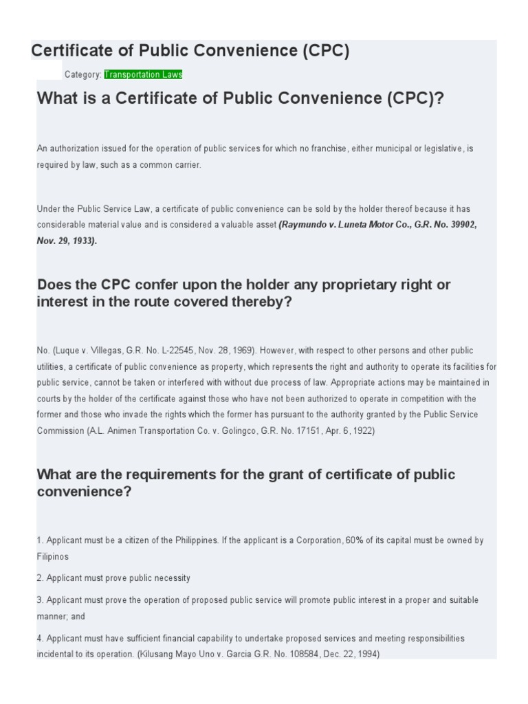 Certificate of Public Convenience (CPC) | PDF
