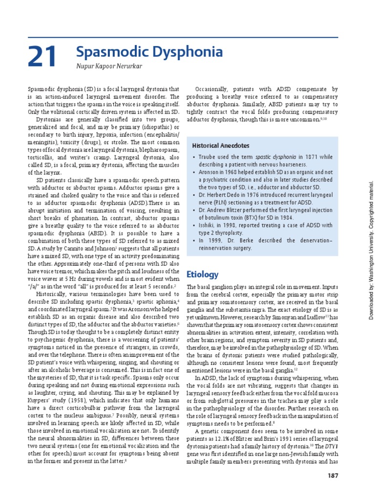 Spasmodic Dysphonia 2014 | PDF | Clinical Medicine | Medical Specialties