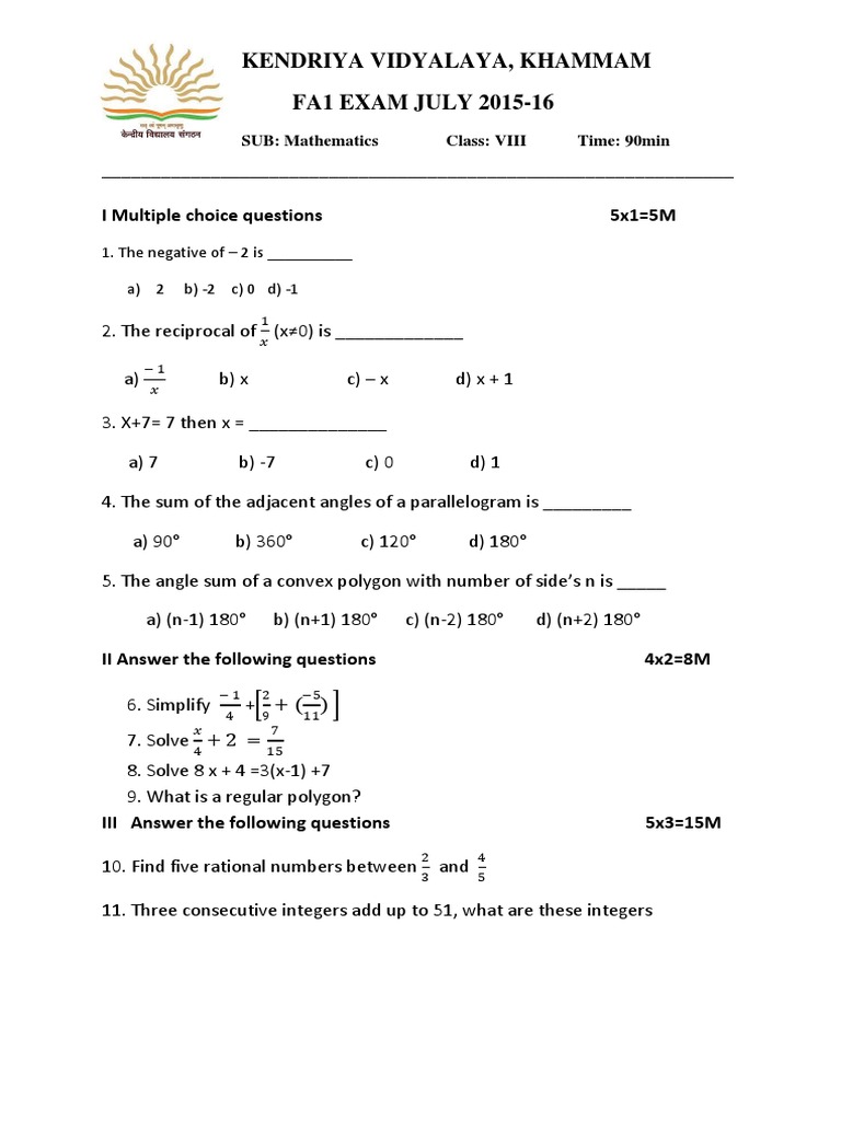 KVS Class 8 PT1 Maths Sample Question Paper 2015 | PDF | Numbers ...