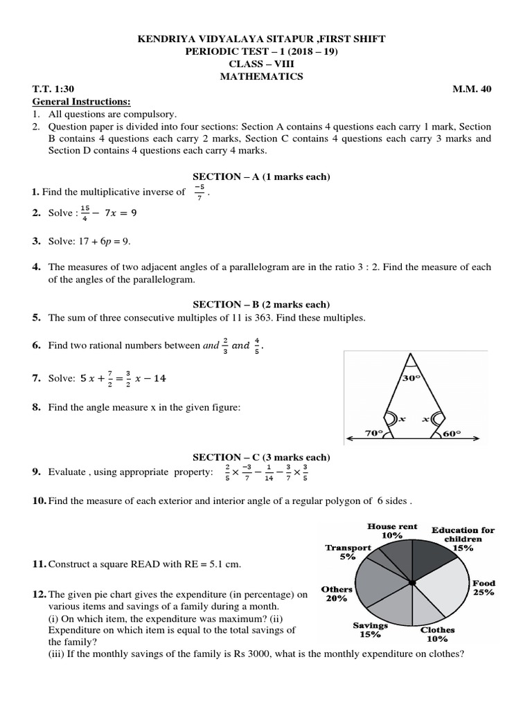KVS Class 8 PT1 Exam Maths Question Paper 2018 by KV Sitapur | PDF ...