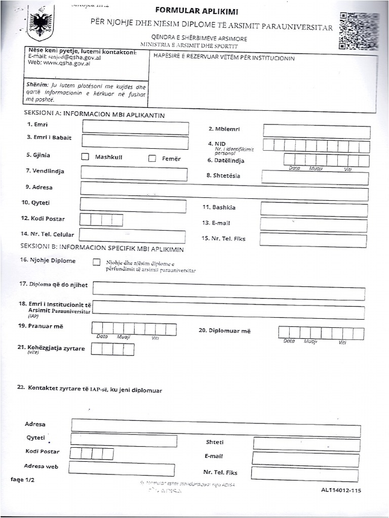 Formulari Aplikimit Te Njesimit Te Diplome Se Arsimit Te Mesem Te Larte | PDF