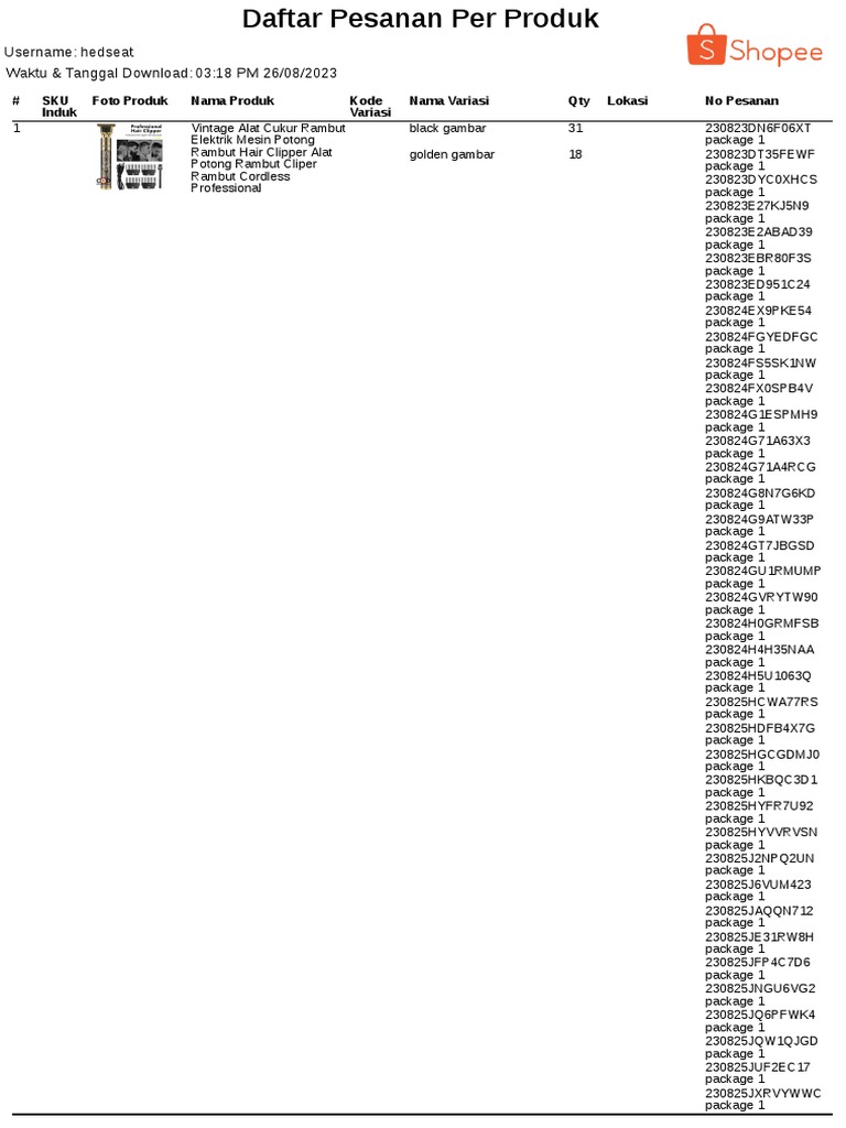 Daftar Pesanan Per Produk + Label Pengiriman - Hemat - 50 | PDF