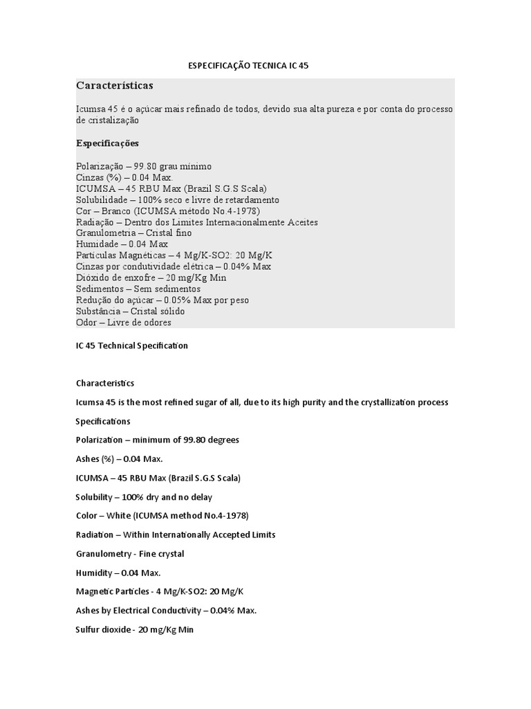 Especificação Tecnica Ic 45 | PDF