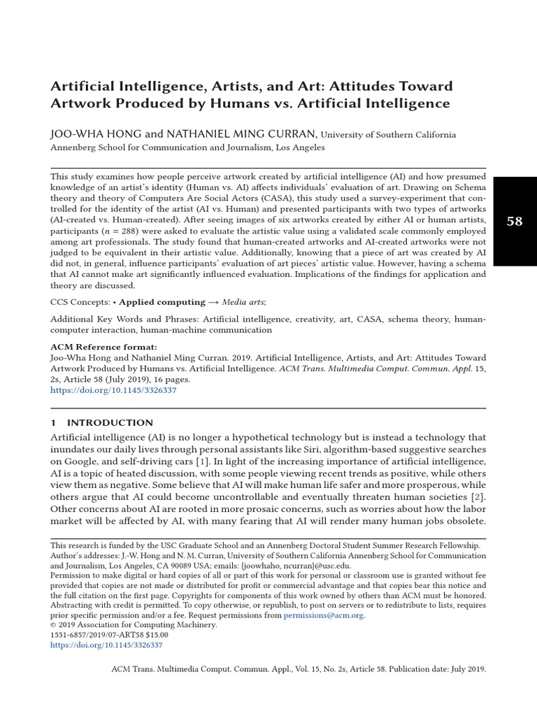 Artificial Intelligence, Artists, and Art: Attitudes Toward Artwork Produced by Humans vs ...