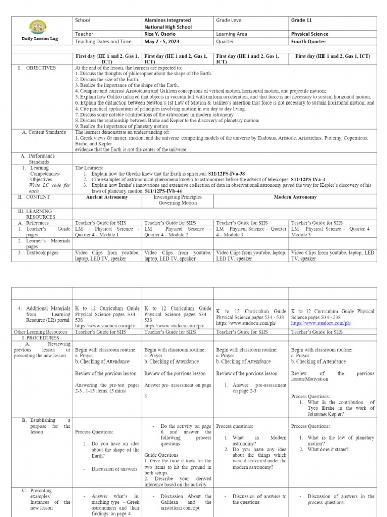 DLL PhySci Q4 WEEK 1 | PDF