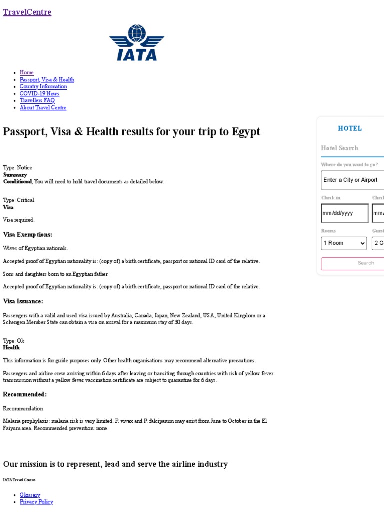 IATA - Egypt Passport, Visa and Health Advice | PDF