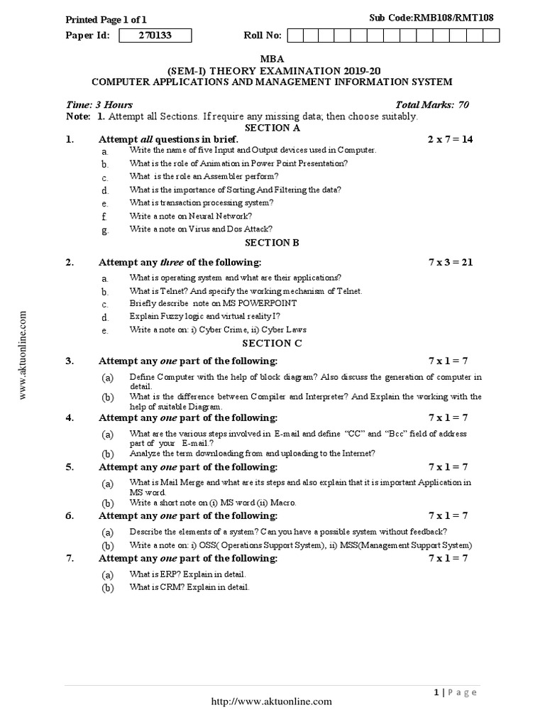 Mba 1 Sem Computer Applications and Management Information System ...