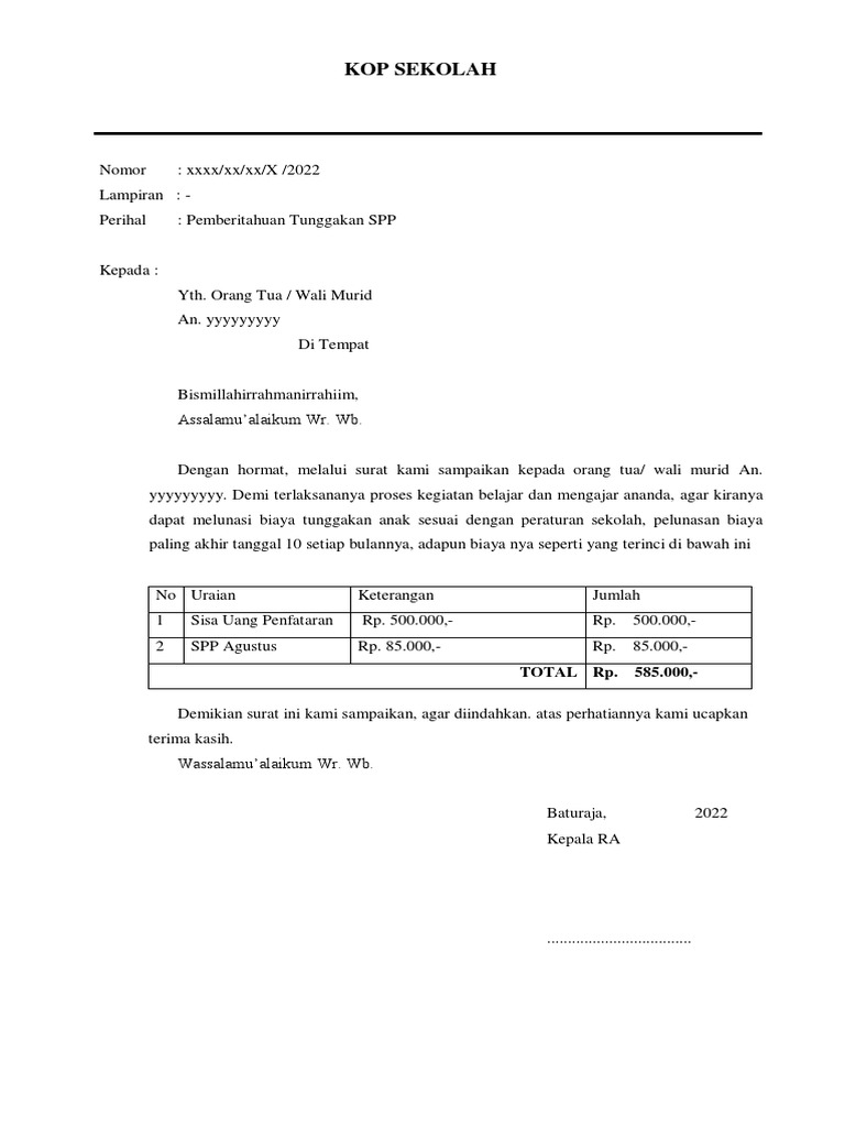 Contoh Surat Penagihan Tunggakan SPP | PDF