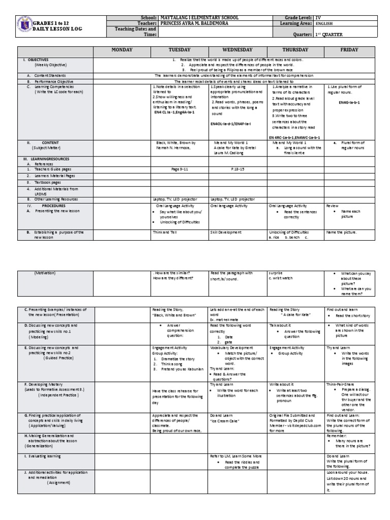 DLL - English 4 - Q1 - W1 | PDF | Behavior Modification | Cognition