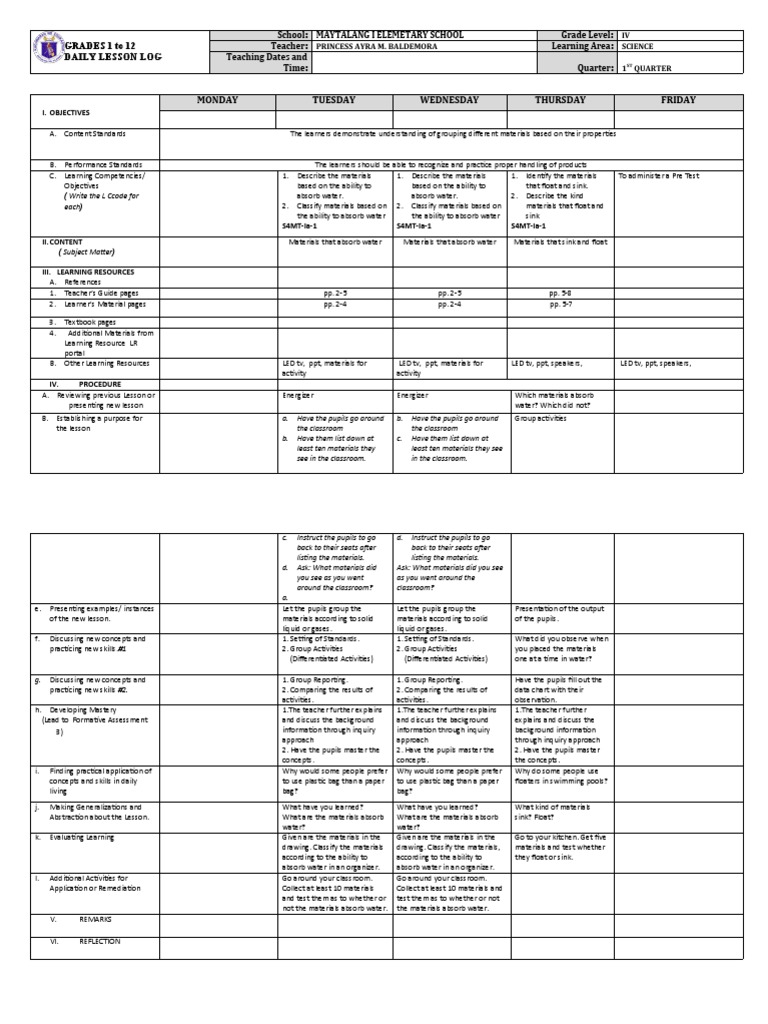 DLL - Science 4 - Q1 - W1 | PDF