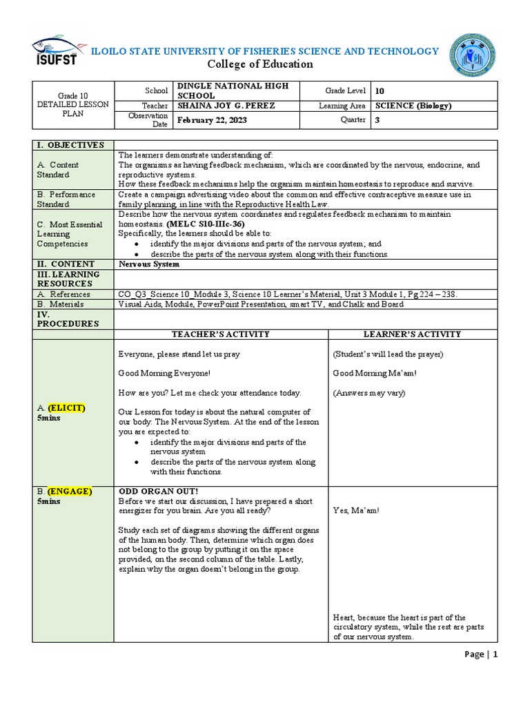 Lesson Plan in Biology 10 - The Nervous System | PDF | Self-Improvement