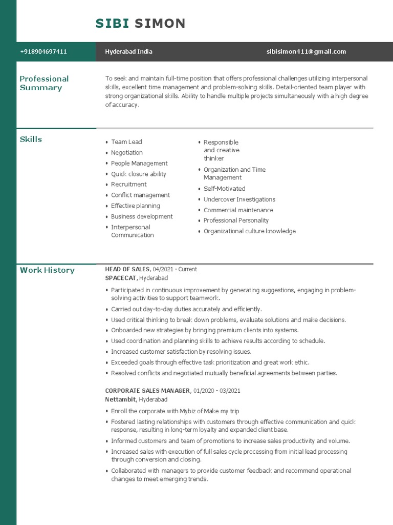 Sibi Simon Resume 2023 | PDF | Sales | Human Communication