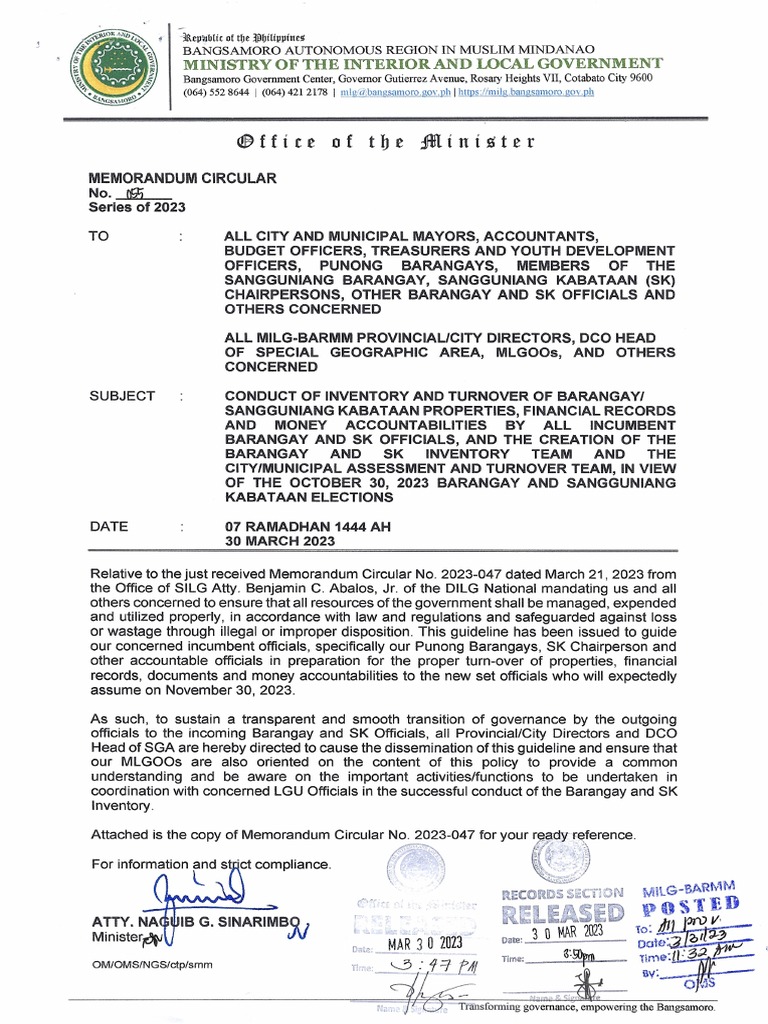 Guidelines Conduct of Inventory and Turn Over of Barangay and SK Docs ...