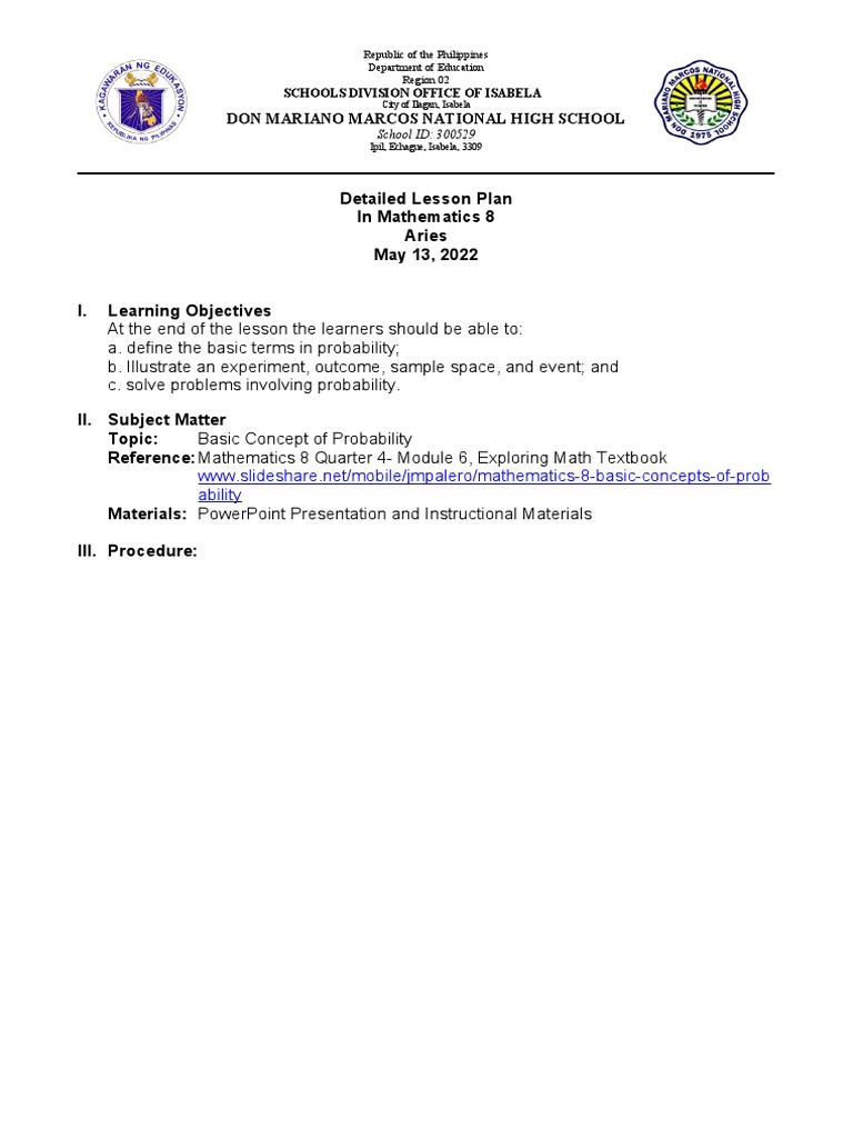 Math 8 Probability Lesson Plan | PDF