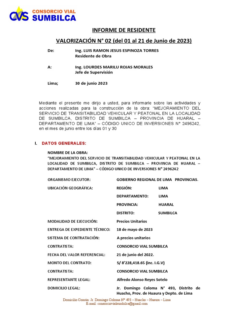 Informe de Avance Del Residente | PDF