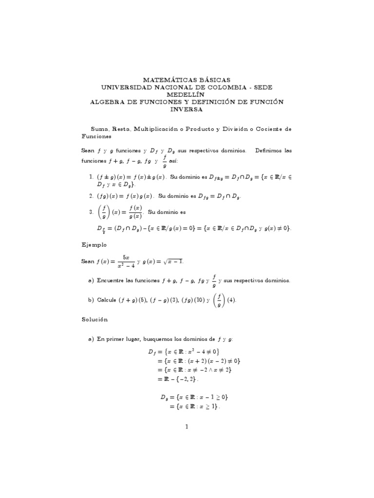 22 - Algebra de Funciones y Funcion Inversa | PDF | Función (Matemáticas) | División (Matemáticas)