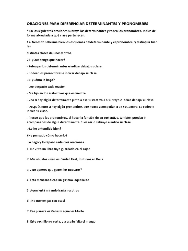 Ficha 2. Diferenciar Determinantes y Pronombres | PDF