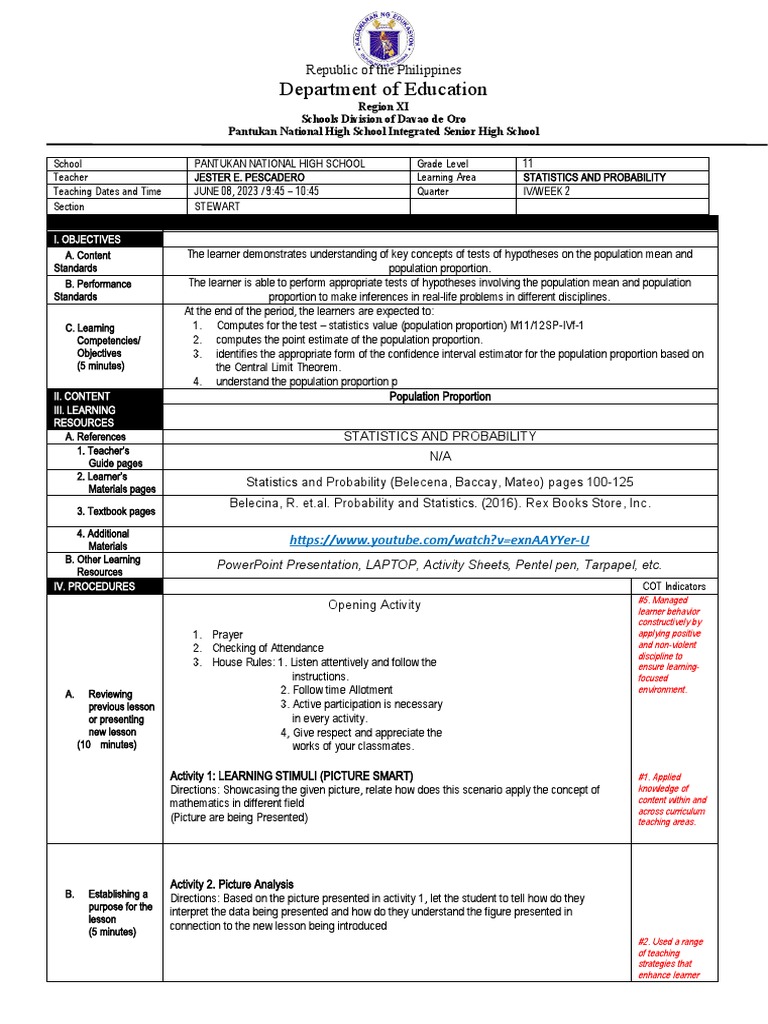 Cot Statistics Reylyn 2022 2023 Cot 2 | PDF | Learning | Statistics