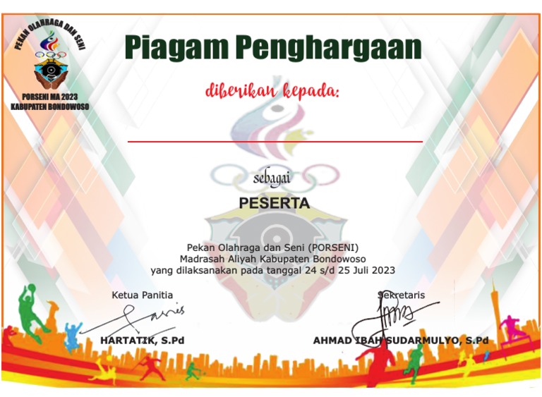 Piagam Penghargaan PORSENI MA 2023 | PDF