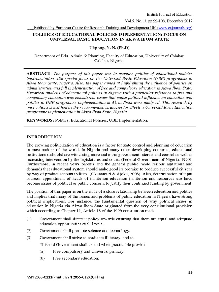 Politics of Educational Policies Implementation Focus On Universal Basic Education in Akwa Ibom ...