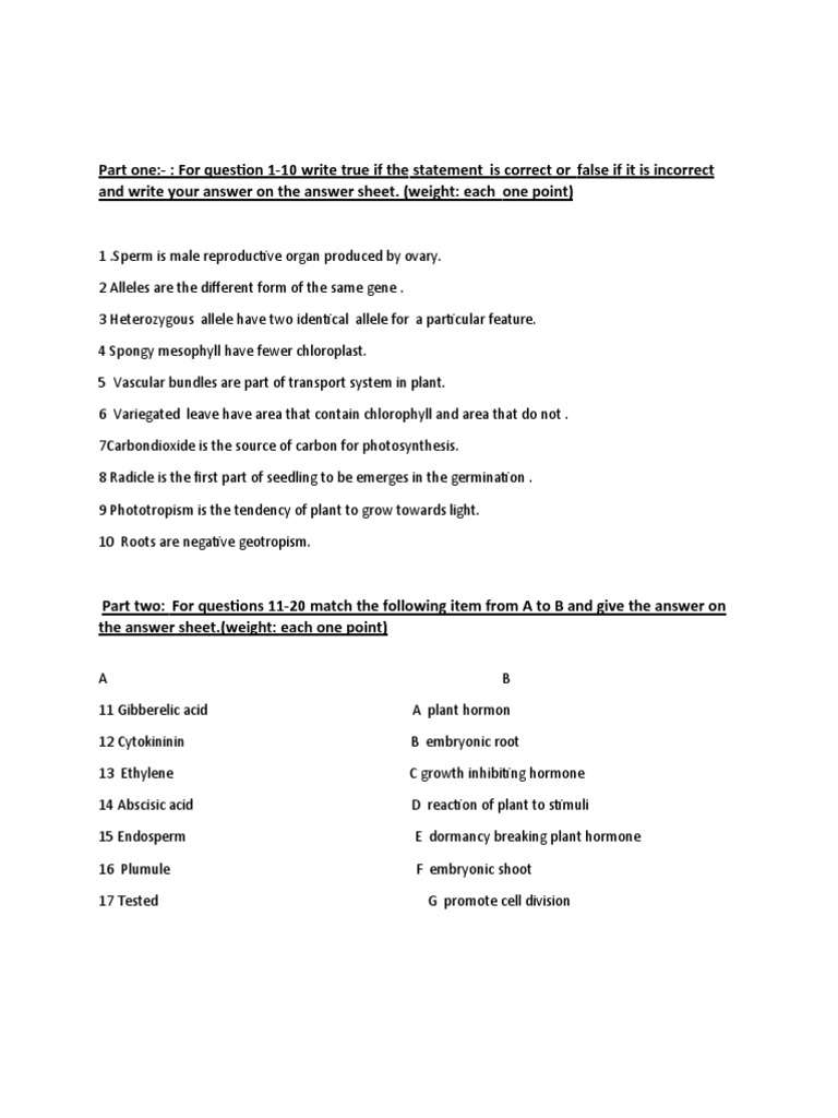 Grade 11 Biology Exam Practice Questions | PDF