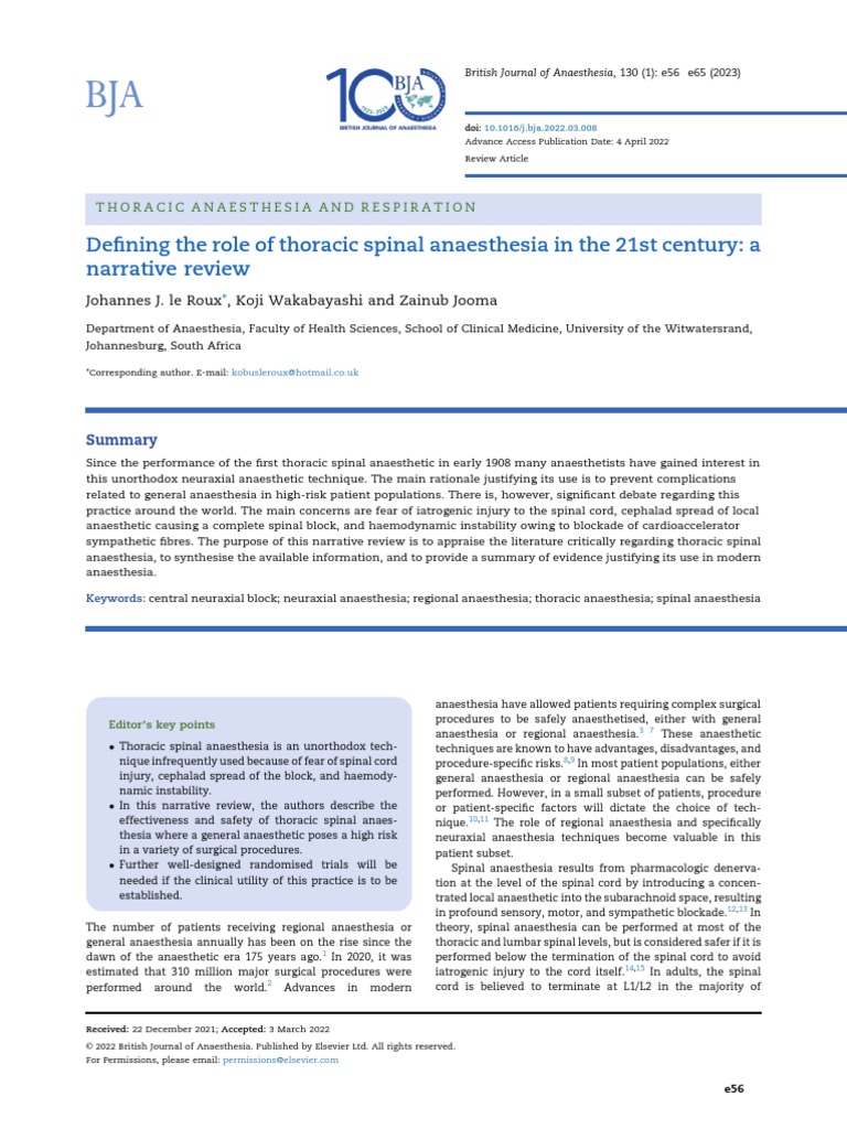 Thoracic Spinal Anaesthesia, BJA 2023 | PDF