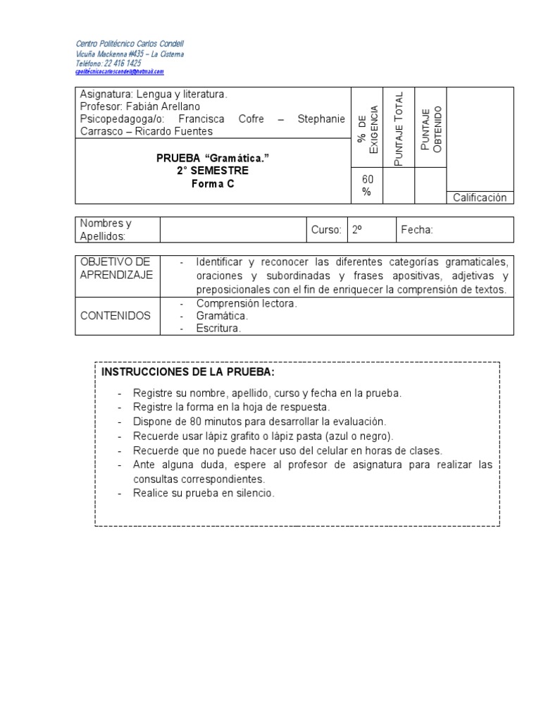 Prueba de Gramática: 2° Semestre | PDF