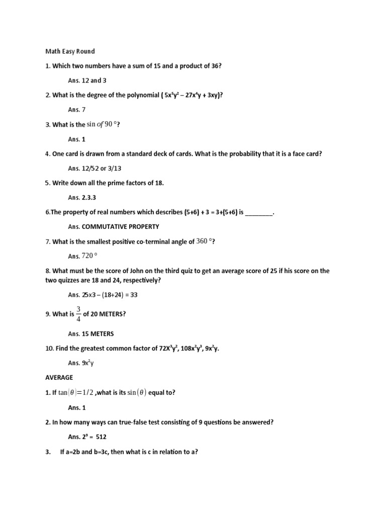 Math Questionnaire Quiz Bee | PDF | Numbers | Mathematics