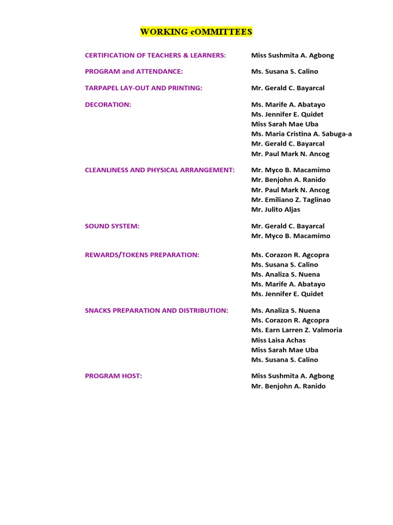 Working Committees NLC Culmination Prog 2023 | PDF