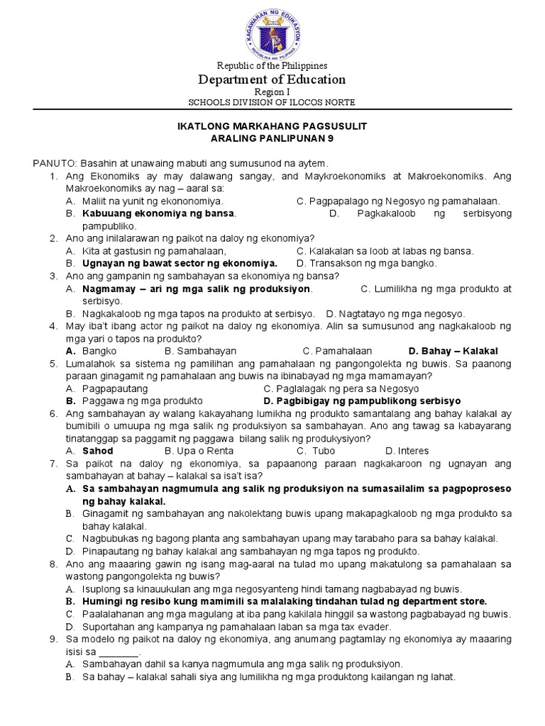 IKATLONG-MARKAHANG-PAGSUSULIT-ap-9.-WITH-ANSWER-KEY | PDF
