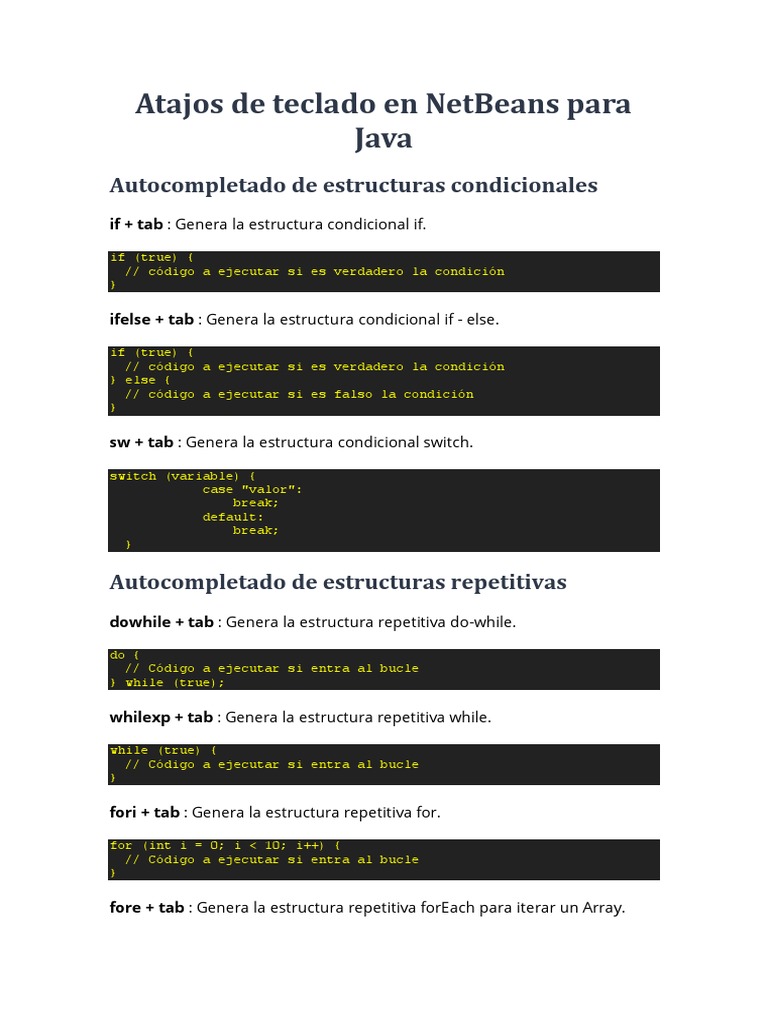 Atajos de Teclado en NetBeans para Java | PDF | Flujo de control | Programación de computadoras