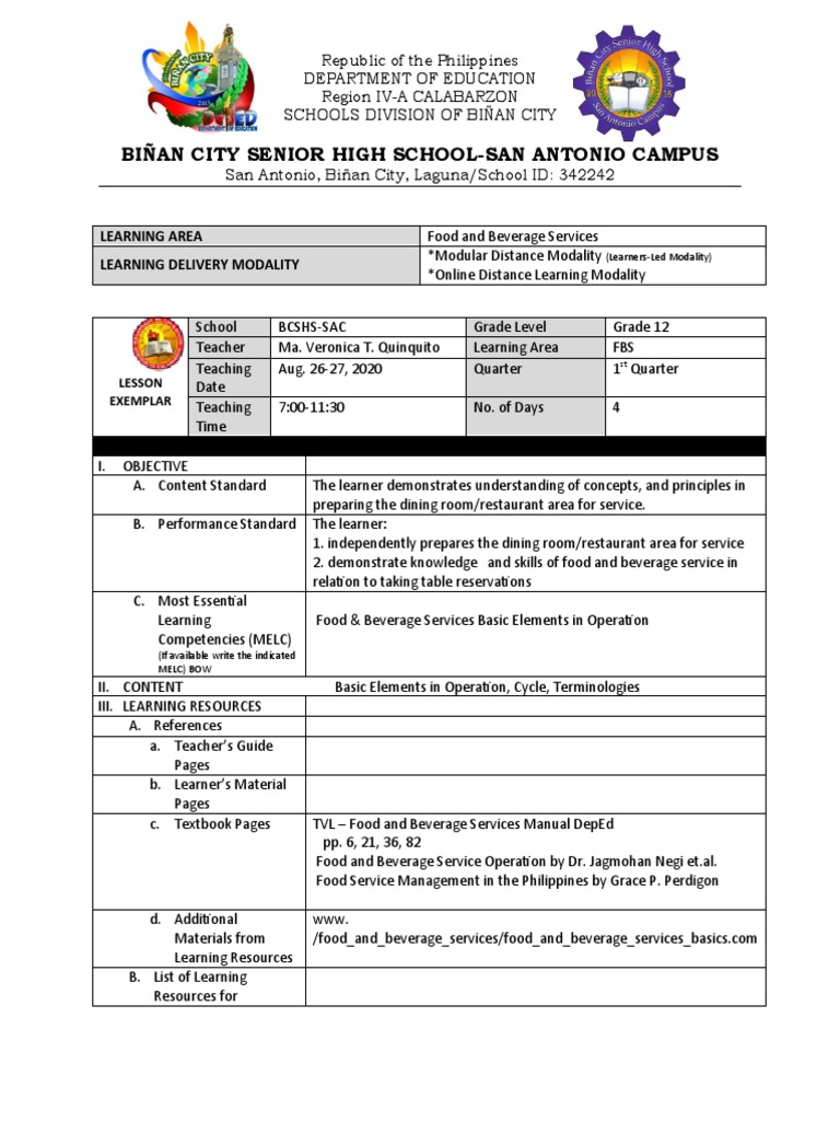 Lesson Exemplar FBS - 1 | PDF | Learning | Teachers