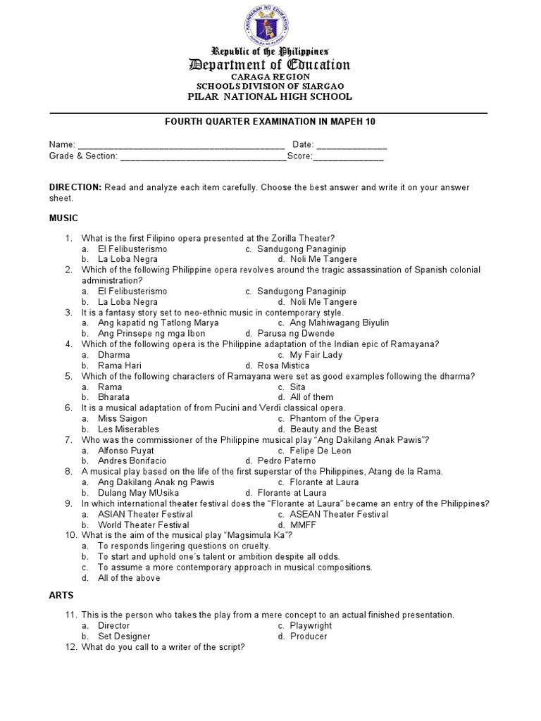 Mapeh 1o Fourth Quarter Exam Qa | PDF | Health Professional | Health Care