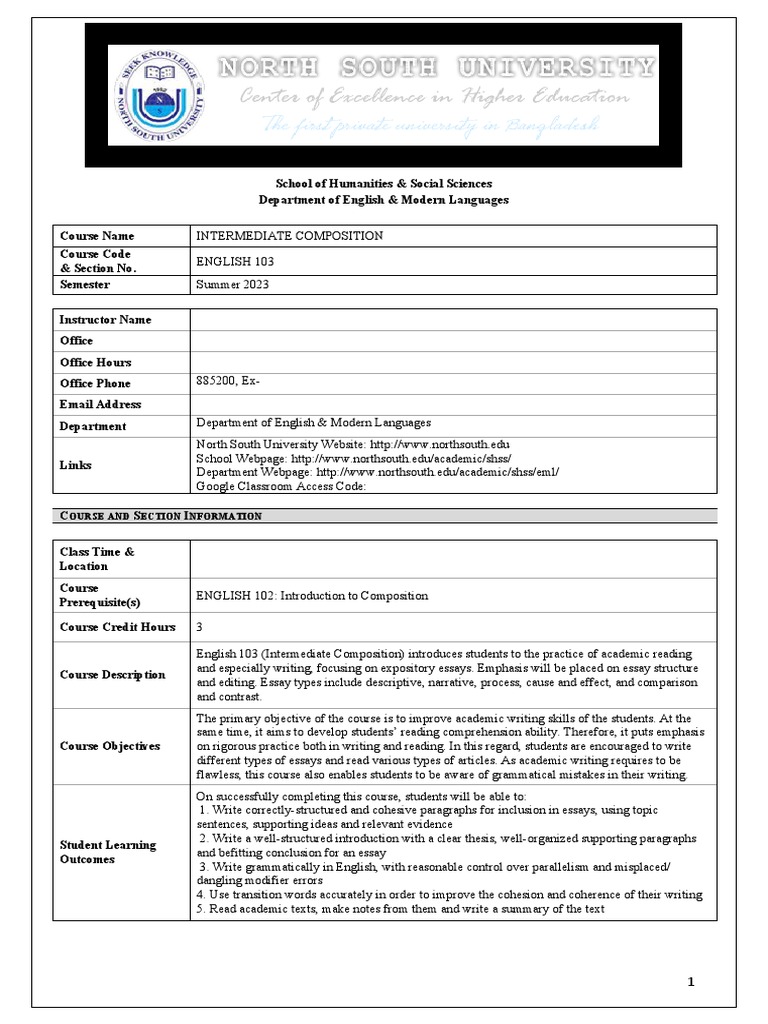 ENG 103 Course Outline - Summer 2023 | PDF | Reading Comprehension | Essays