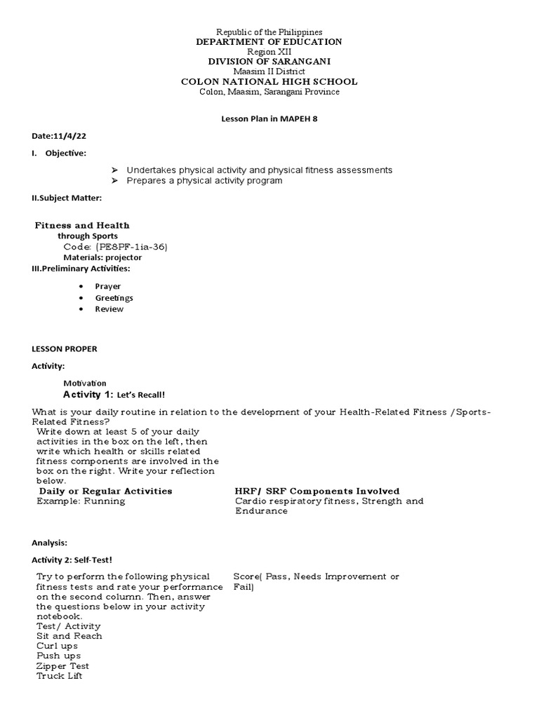 Lesson Plan in MAPEH 8 NOV4 | PDF | Physical Fitness | Physical Exercise