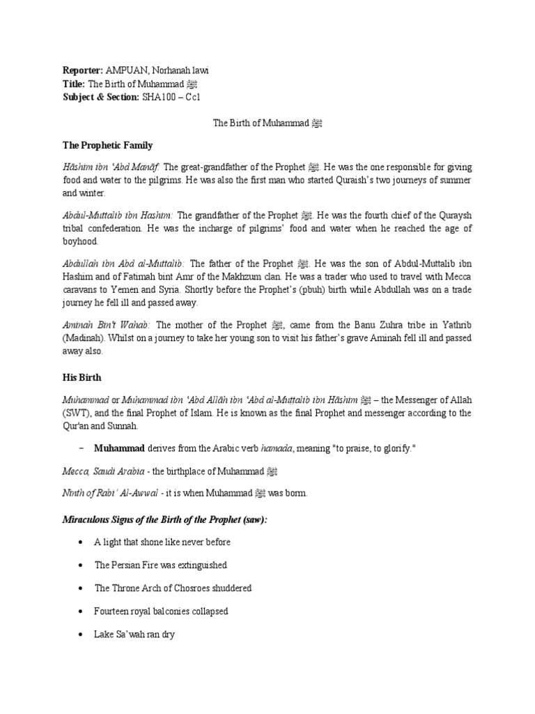The Birth of Muhammad (pbuh) | PDF | Muhammad | Life Of Muhammad