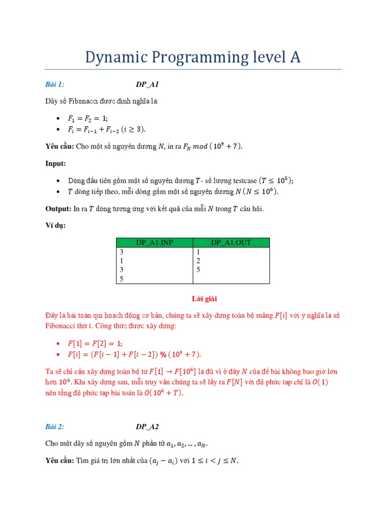 Dynamic Programming level A: Yêu cầu: Cho một số nguyên dương Input | PDF