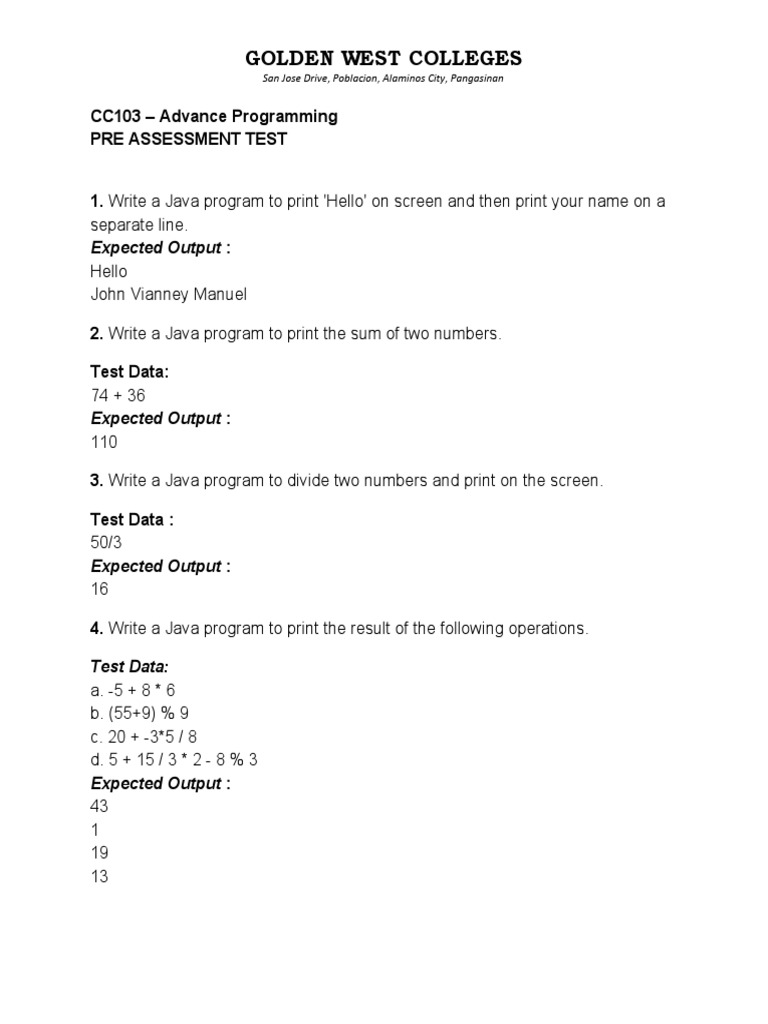 Java Programming Pre-Assessment Test | PDF
