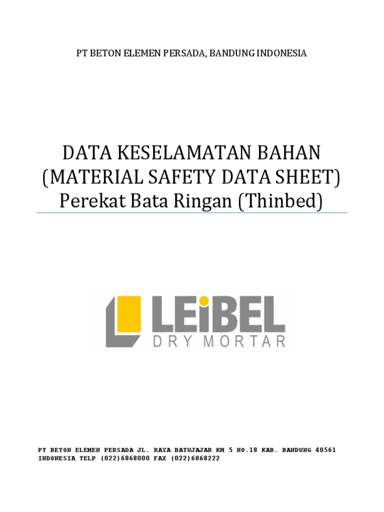 Data Keselamatan Bahan (MSDS) Perekat Bata Ringan (Thinbed Adhesive) | PDF