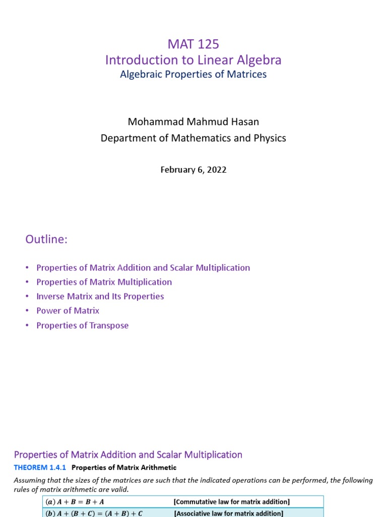 1.4 - Algebraic Properties of Matrices | PDF