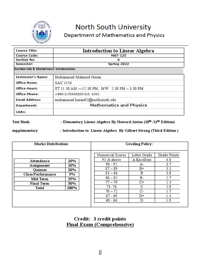 Course Outline MAT 125.6 Spring 2022 | PDF | Matrix (Mathematics ...